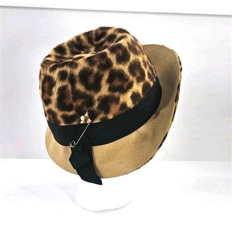 Vtg Original Chesterfield Faux Fur Leopard Print Felt Fedora And Hat Pin