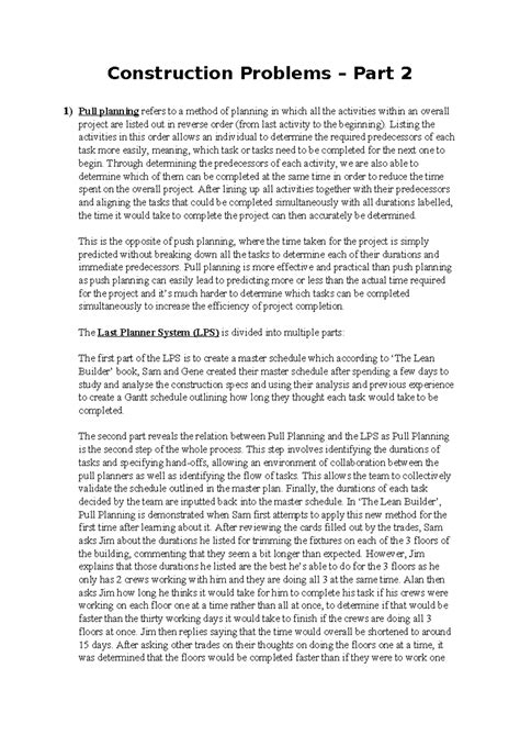 Construction Problems Part 2 Construction Problems Part 2 1 Pull Planning Refers To A