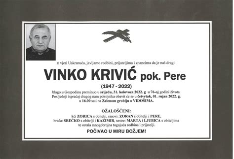 Vinko Krivić Pok Pere Osmrtnice Livno