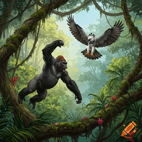 Gorilla Jumping To Grab A Harpy Eagle On Craiyon