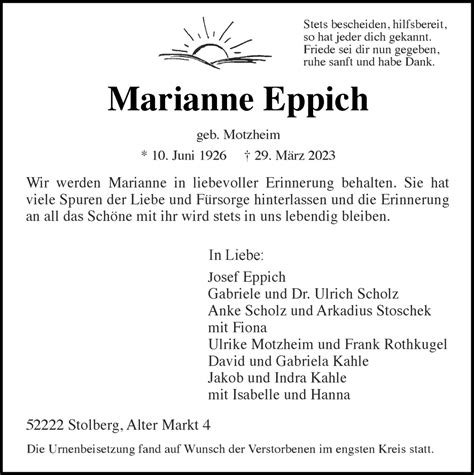 Traueranzeigen Von Marianne Eppich Aachen Gedenkt
