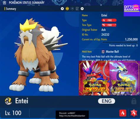 Pokemon Scarletviolet Shiny Entei Lv100 6iv Adamant Masterball Tradę