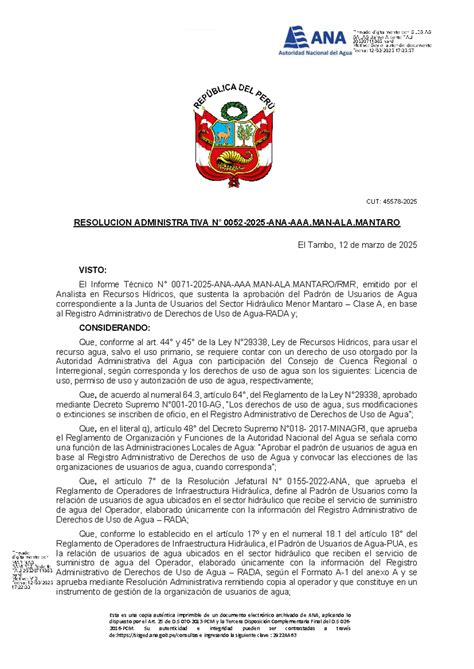 Resolución Administrativa Del Padrón De Usuarios De Agua Fau