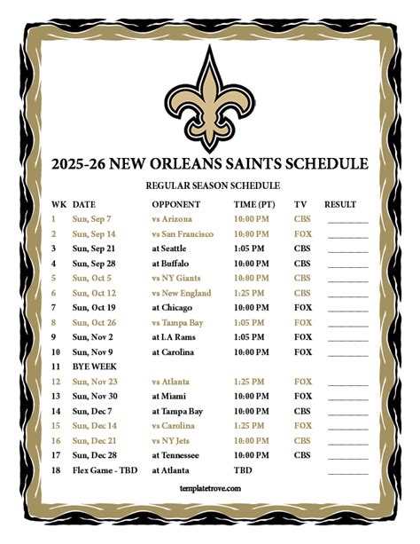 Printable 2025 2026 New Orleans Saints Schedule