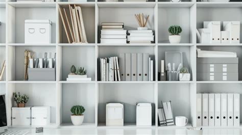 White Office Shelf With Various Office Supplies Premium Ai Generated