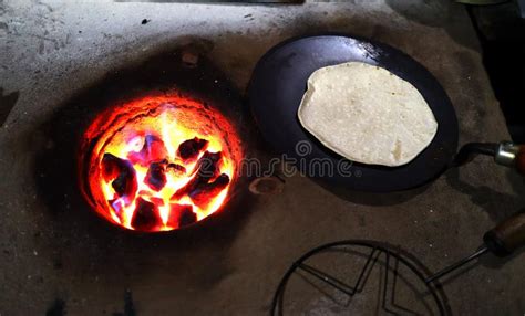Village Country Made Earthen Stove With Red Hot Coal Ready To Cook