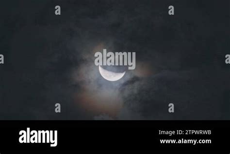 Full Moon Twilight With Craters On The Surface And Dark Sky With Fog And Fluffy Clouds 4k Video