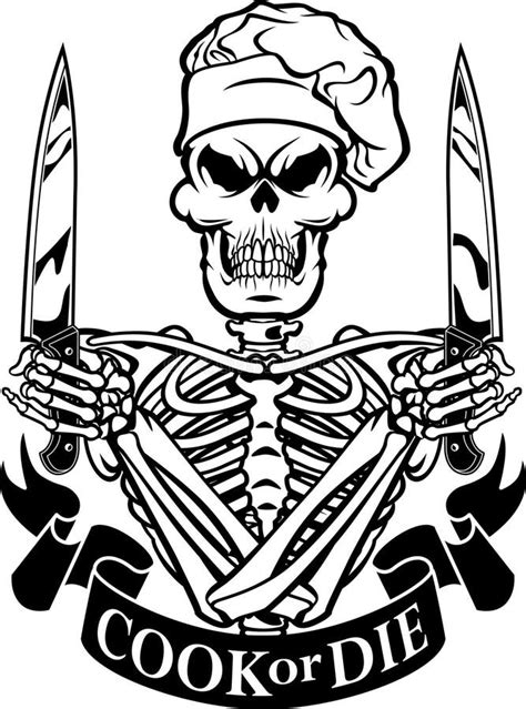 Skeleton Chef Holding Knives And Banner With Text “cook Or Die” Stock Vector Illustration Of