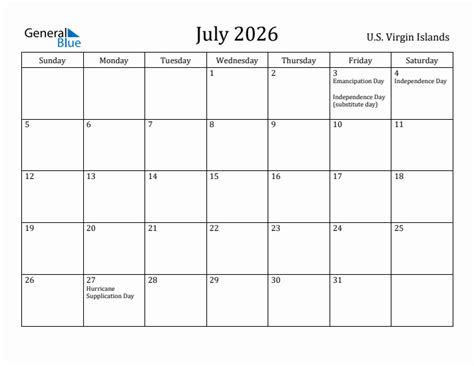July 2026 Monthly Calendar With Us Virgin Islands Holidays
