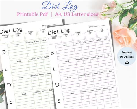 Printable Diet Log Diet Planner Diet Log Sheet Meal Planner Food