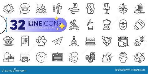 Outline Set Of Delivery Truck Balloons And Marketplace Line Icons For Web App Vector Stock