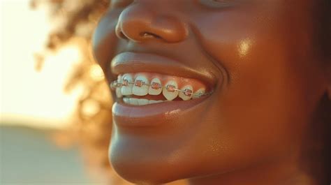 Close Up Smiling Black Woman With Braces On Her Teeth Dental Care And