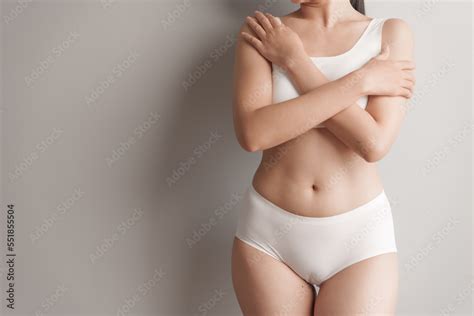 Close Up Beauty Asian Woman In White Bra And Panties Isolated Over
