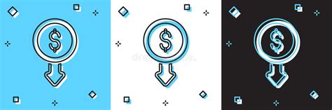 Set Dollar Rate Decrease Icon Isolated On Blue And White Black