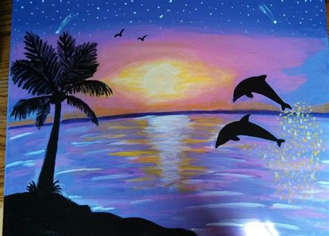Ocean Sunset With Palm Trees And Dolphins