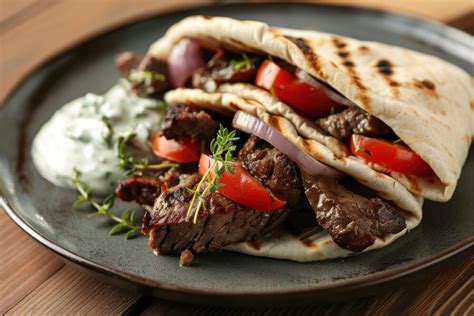 Authentic Greek Gyro With Lamb Tzatziki Sauce And Fresh Vegetables In