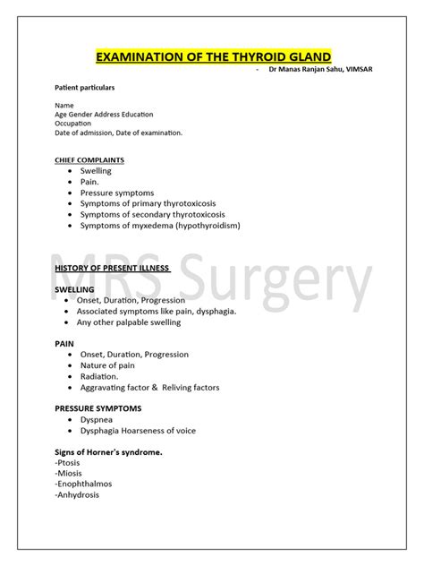 Examination Of Thyroid Swelling And Case Dr Manas Mrs Surgery Pdf