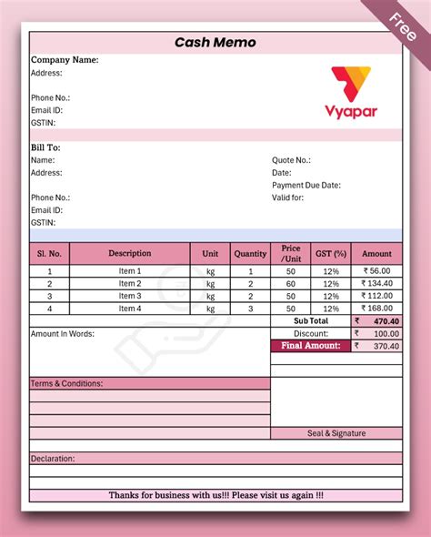 Cash Memo Format Cash Mamo Design 2024