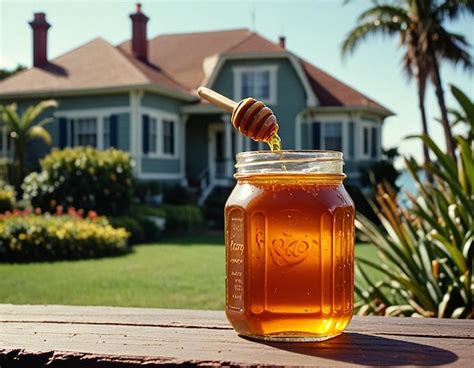 Natural Organic Honey In Jar Honey Dipper And Honeycombs Are Near