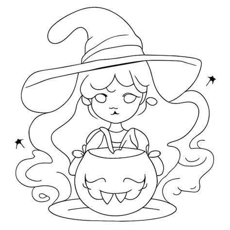 Witch And Couldron Vector Illustration Line Art Premium Ai Generated