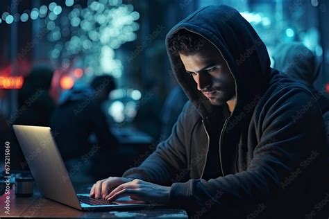 Hidden Hacker In Sweatshirt Hacking Security Systems Unrecognizable