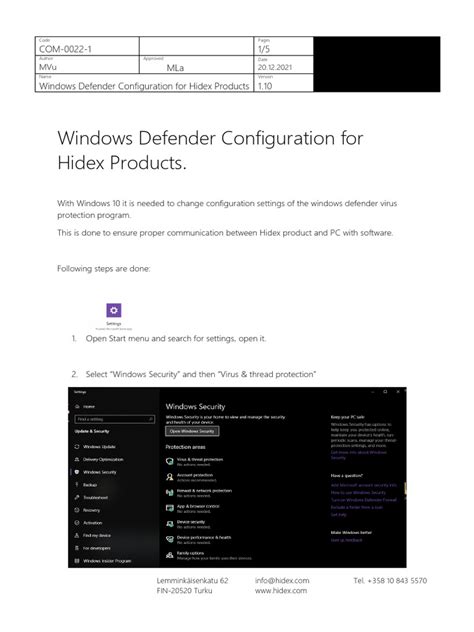 Com 0022 1 Windows Defender Configuration For Hidex Products V11 Pdf