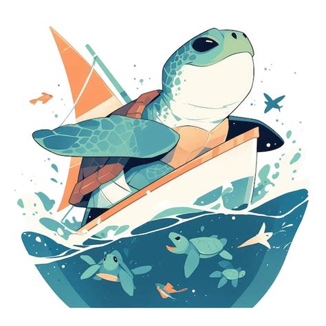 Premium Vector A Turtle On A Boat Cartoon Style