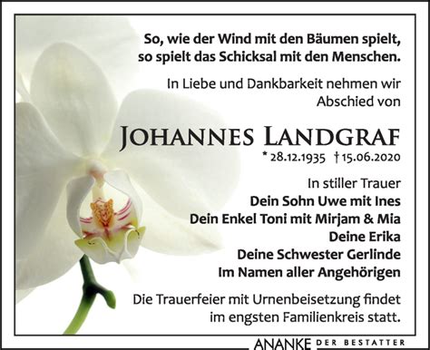 Traueranzeigen Von Johannes Landgraf Trauer Anzeigende
