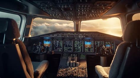 Cockpit Of Airplane Inside View Empty Flight Deck Of Modern Aircraft