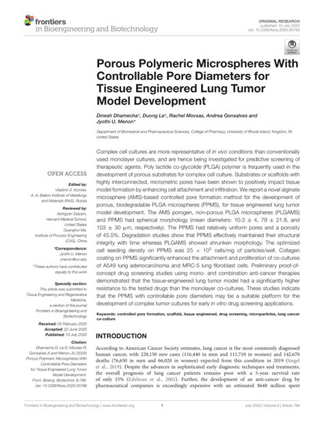Pdf Porous Polymeric Microspheres With Controllable Pore Diameters For Tissue Engineered Lung