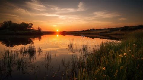 Stunning Sunset Reflected On Serene Grassland Lake Stock Illustration