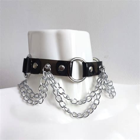 Triple O Ring Black Pvc Choker With Chains Etsy