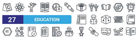 학교 카트 원자 이론 트로피를 가진 남자 어린이 남자 독서 대학 수업 메달리온 모바일 앱 웹 디자인에 대한 음소거 된 책 벡터 아이콘과 같은 27 개의 얇은 선 교육 아이콘