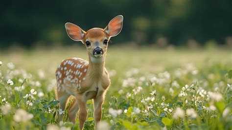 Cute Fawn Standing In A Field Of White Flowers Realistic Image