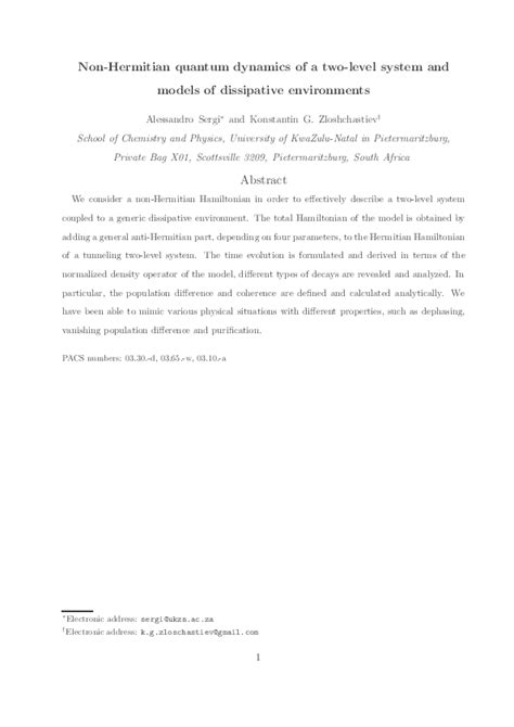 Pdf Non Hermitian Quantum Dynamics Of A Two Level System And Models Of Dissipative Environments