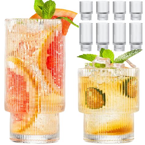 Ribbed Glassware Set Of 8glass Cups 12 Oz And 7 Ozfluted Glassware