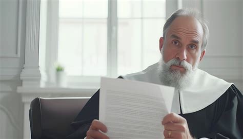 Stern Judge With Paper Document Pronouncing Sentence In A Court Of Law