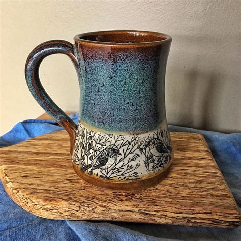 Handmade Turquoise Pottery Mug Bird And Floral Design Optional Lid
