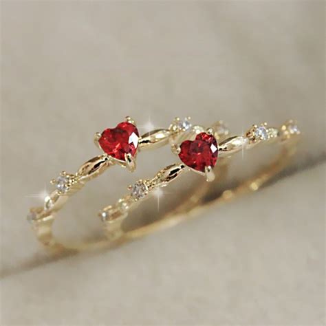 Exquisite Thin Rings Gold Heart Ruby Rings For Women Bridal Romantic