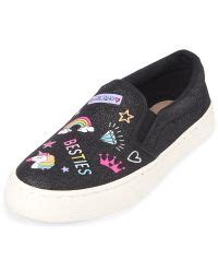 Girls Glitter Rainbow Unicorn Doodle Faux Leather Slip On Sneakers