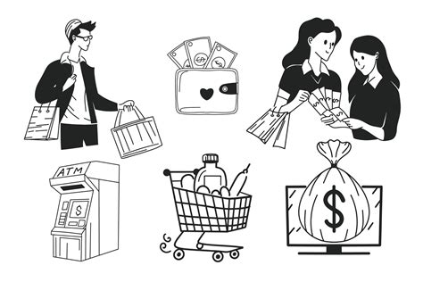 Set Of Shopping Concept People Buying Things Wallet Basket Atm
