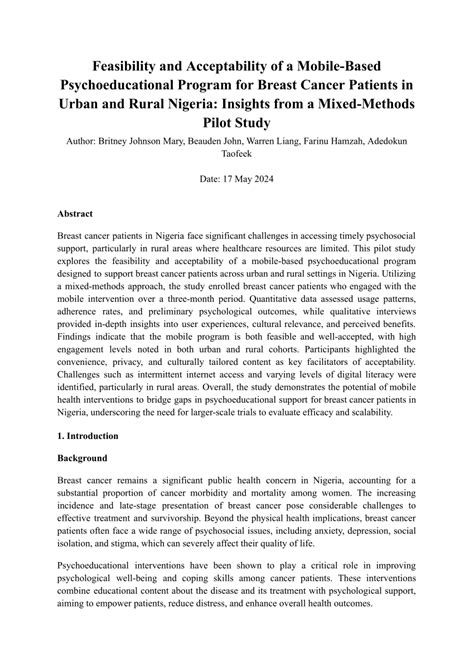 Pdf Feasibility And Acceptability Of A Mobile Based Psychoeducational Program For Breast