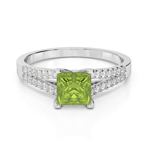 Gold Platinum Round And Princess Cut Peridot And Diamond Engagement