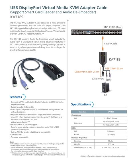 ATEN KA7189 USB DisplayPort Virtual Media KVM Adapter Cable KA7189 AX