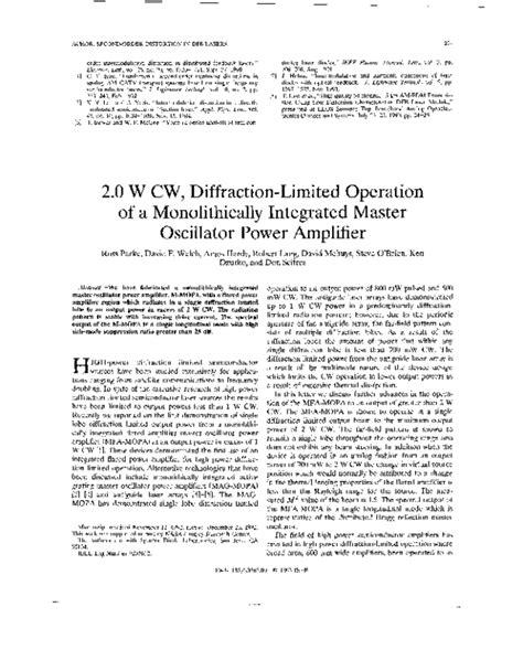 Pdf 20 W Cw Diffraction Limited Operation Of A Monolithically Integrated Master Oscillator