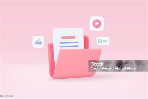 관리 멀티미디어 파일을 위한 3d 폴더 및 용지 프로젝트 계획 개념에 대한 효율적인 작업 문서화 이미지 및 비디오 문서 최소한의 폴더 아이콘 격리 된 분홍색 배경에 3d