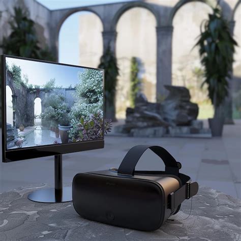 A Virtual Reality Monitor Sits On A Table With A Black Strap Premium