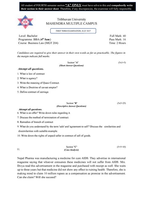 Business Law Lecture Notes 1 To 60 Tribhuvan University Mahendra Multiple Campus Level