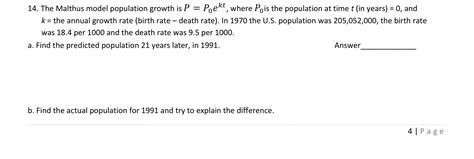 Solved The Malthus Model Population Growth Is Pp0ekt