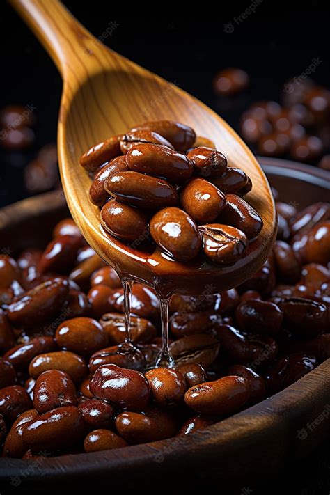 premium ai image a wooden spoon of java beans flying over dark background